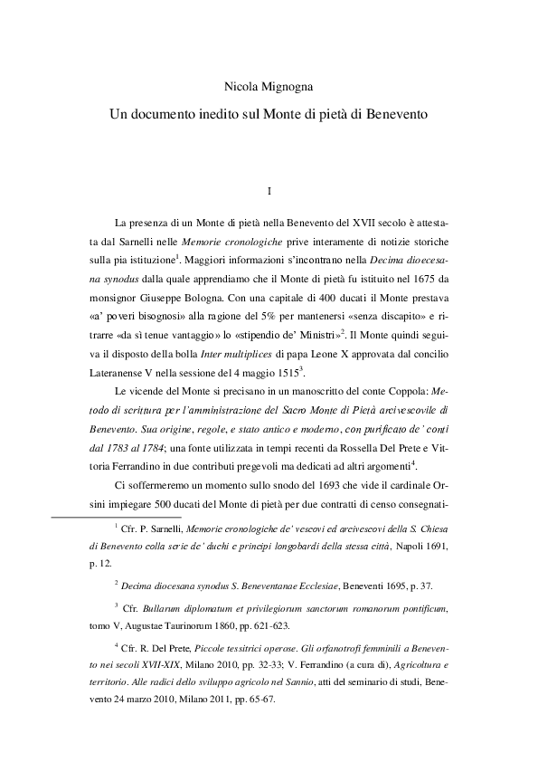(PDF) Un documento inedito sul Monte di pietà di Benevento (bozza senza ...