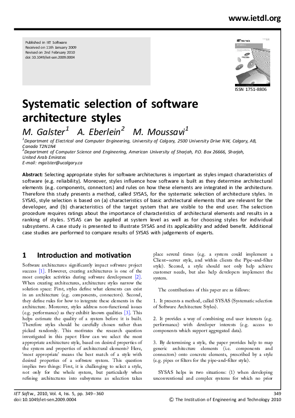 Pdf Systematic Selection Of Software Architecture Styles