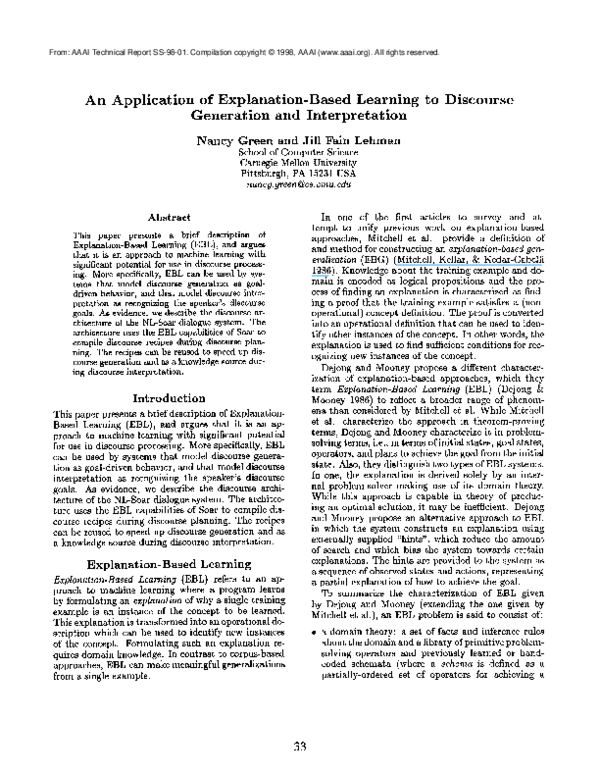 (PDF) An Application of Explanation-Based Learning to Discourse Generation and Interpretation
