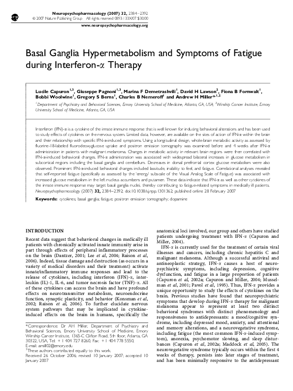 (PDF) Basal Ganglia Hypermetabolism and Symptoms of Fatigue during ...