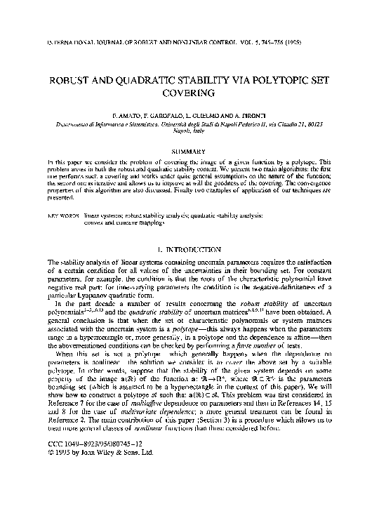 (PDF) Robust and quadratic stability via polytopic set covering