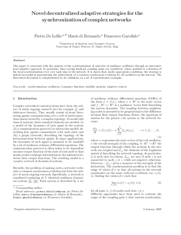 Pdf Novel Decentralized Adaptive Strategies For The Synchronization Of Complex Networks