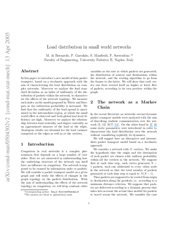 (PDF) Load distribution in small world networks