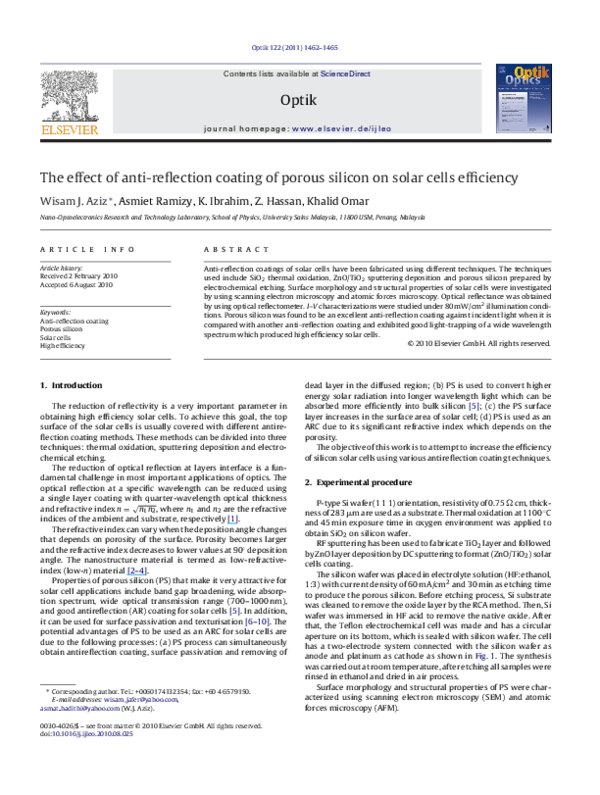 (PDF) The effect of anti-reflection coating of porous silicon on solar ...