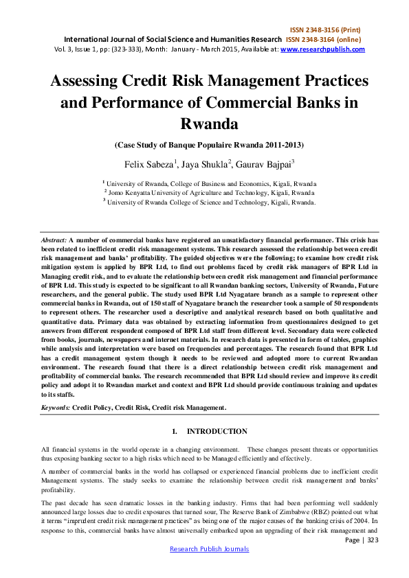 (PDF) Assessing Credit Risk Management Practices and Performance of ...