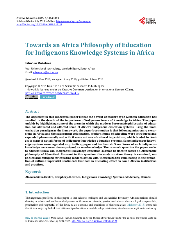 (PDF) Towards an African Philosophy of Education for Indigenous ...