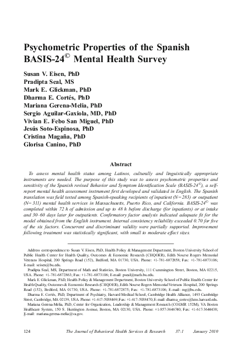 (PDF) Psychometric Properties of the Spanish BASIS24© Mental Health Survey