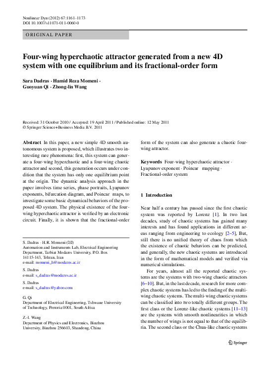 (PDF) Four-wing hyperchaotic attractor generated from a new 4D system with one equilibrium and ...