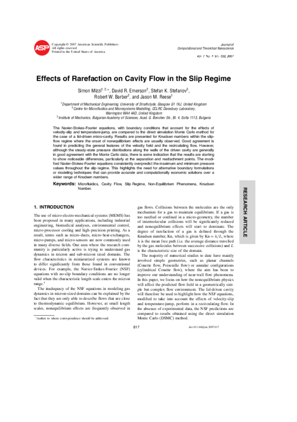 (PDF) Effects of Rarefaction on Cavity Flow in the Slip Regime