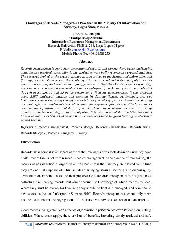 (PDF) Challenges of Records Management Practices in the Ministry Of ...