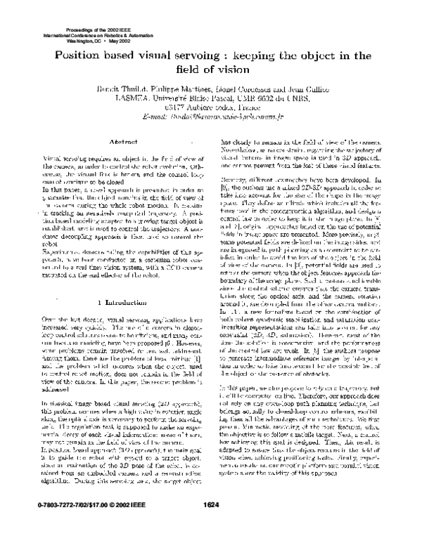 (PDF) Position based visual servoing : keeping the object in the field of vision
