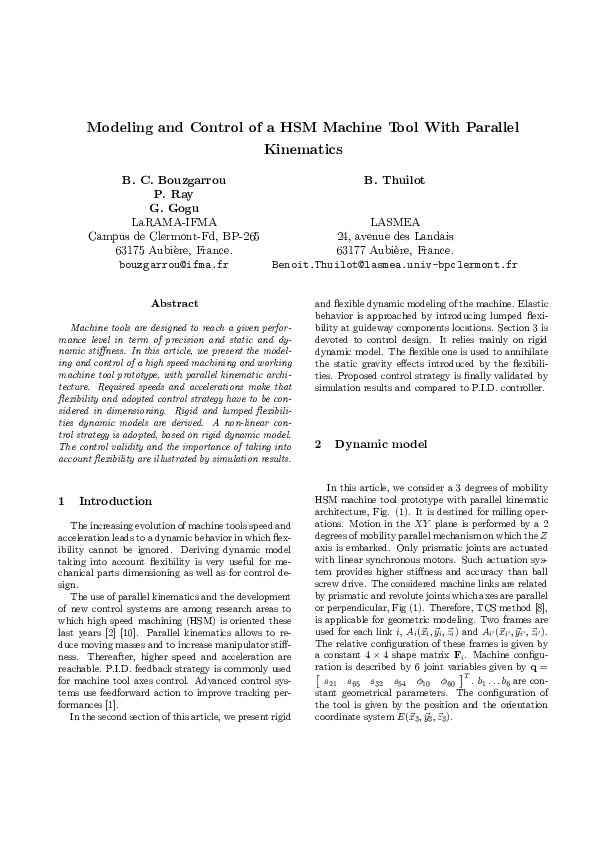 (PDF) Modeling and Control of a HSM Machine Tool With Parallel Kinematics