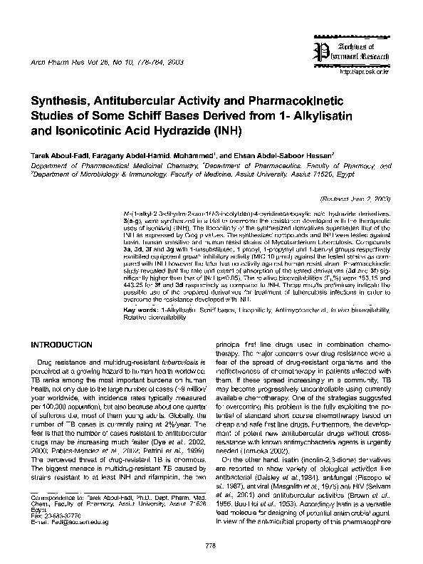 (PDF) Synthesis, antitubercular activity and pharmacokinetic studies of some schiff bases ...