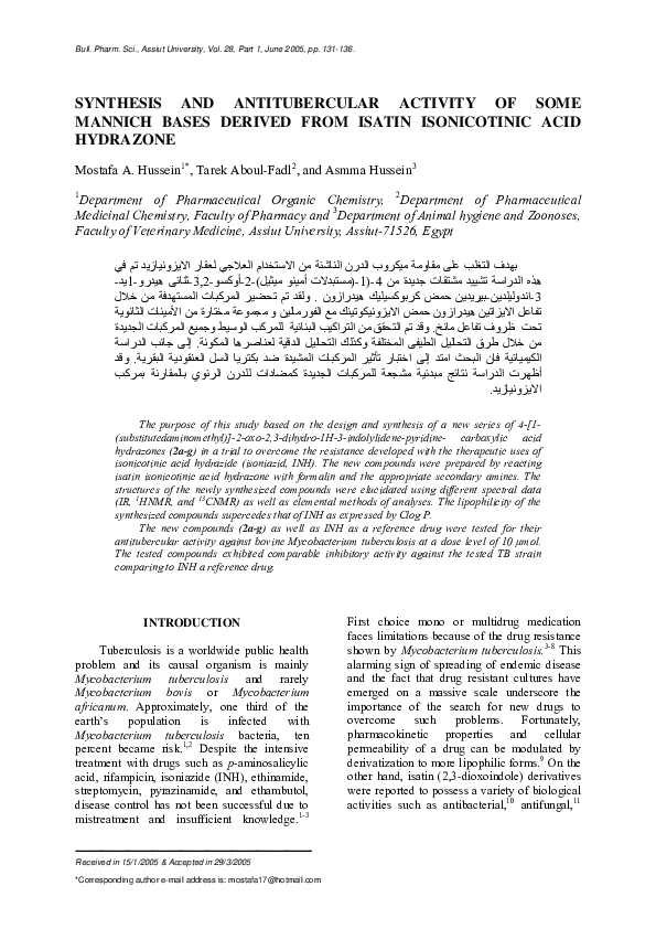 (PDF) Synthesis and Antitubercular Activity of Some Mannich Bases Derived from Isatin ...