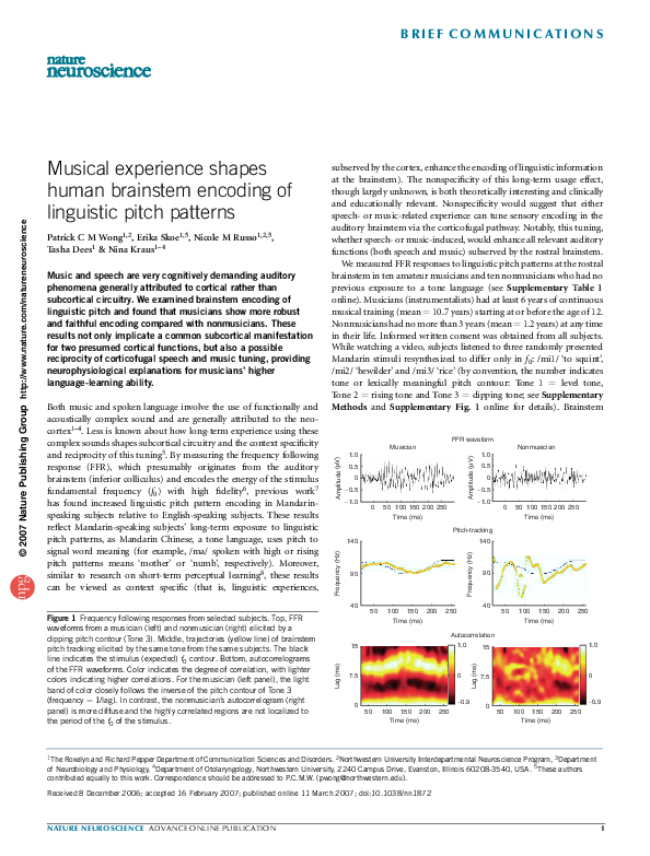 (PDF) Musical experience shapes human brainstem encoding of linguistic ...