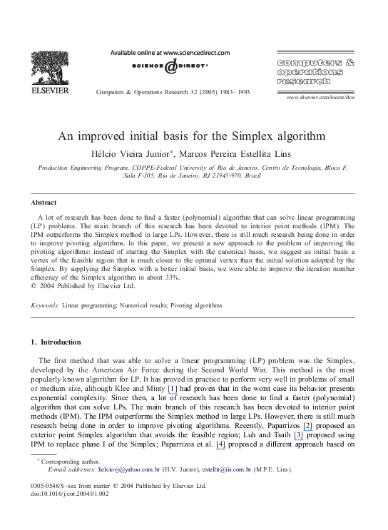 Pdf An Improved Initial Basis For The Simplex Algorithm