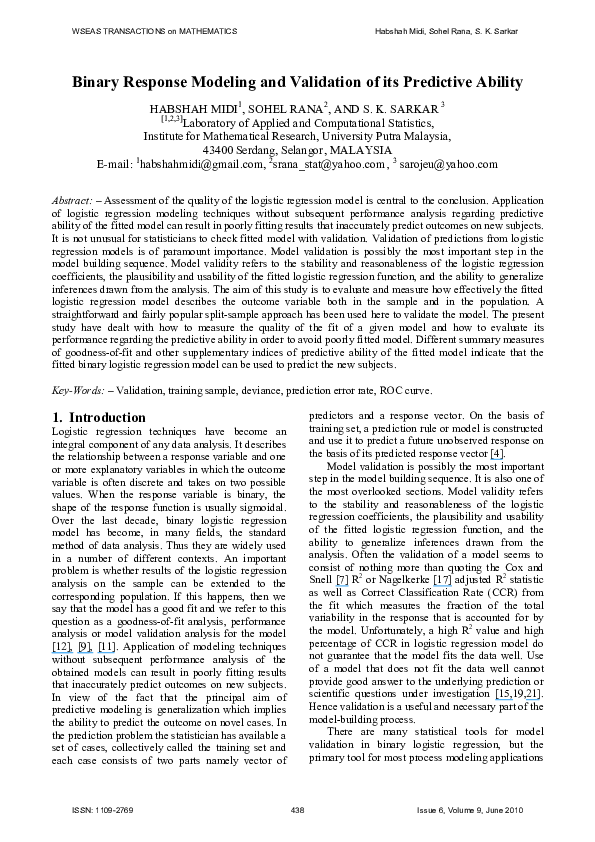 Pdf Binary Response Modeling And Validation Of Its Predictive Ability