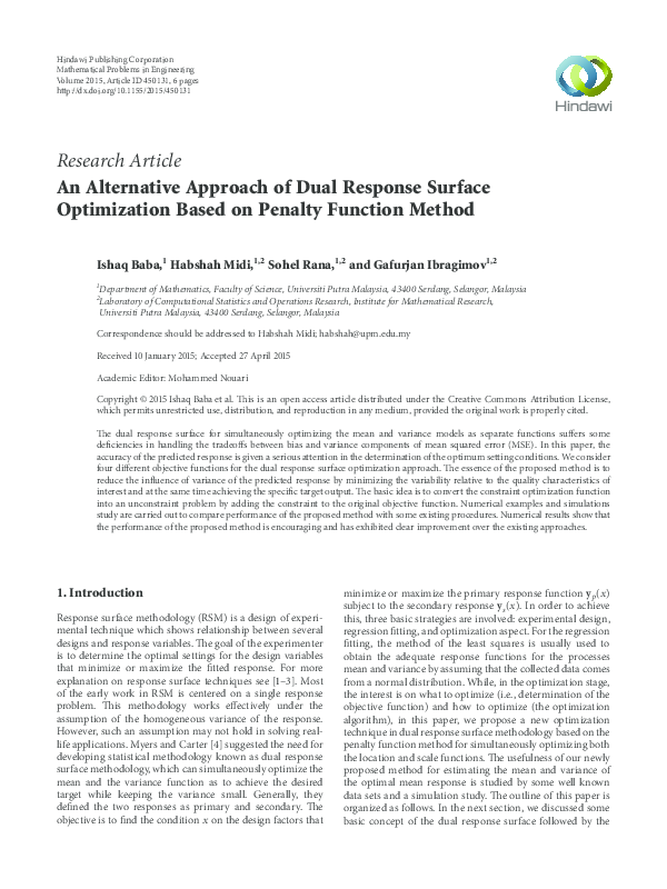 Pdf An Alternative Approach Of Dual Response Surface Optimization Based On Penalty Function Method