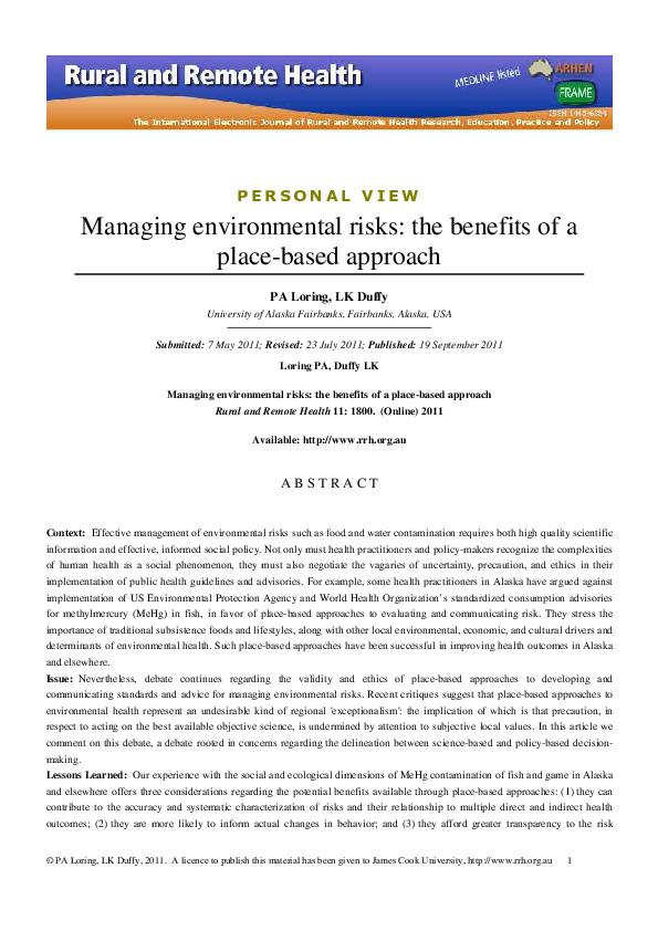 (PDF) Managing environmental risks: the benefits of a place-based approach