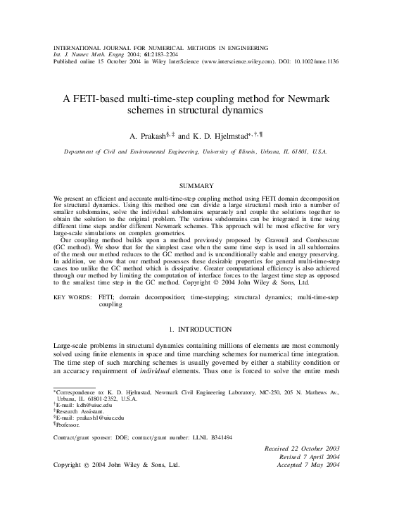 (PDF) A FETI-based multi-time-step coupling method for Newmark schemes in structural dynamics