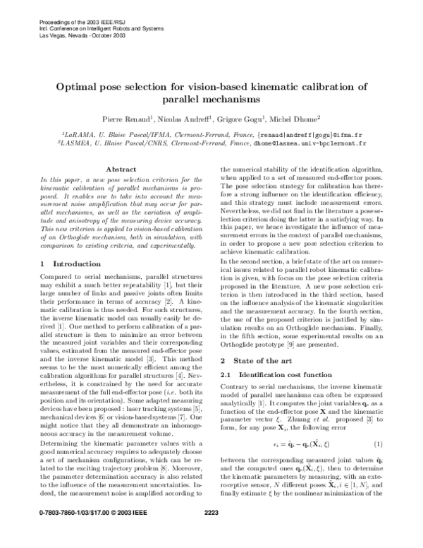 (PDF) Optimal pose selection for vision-based kinematic calibration of parallel mechanisms