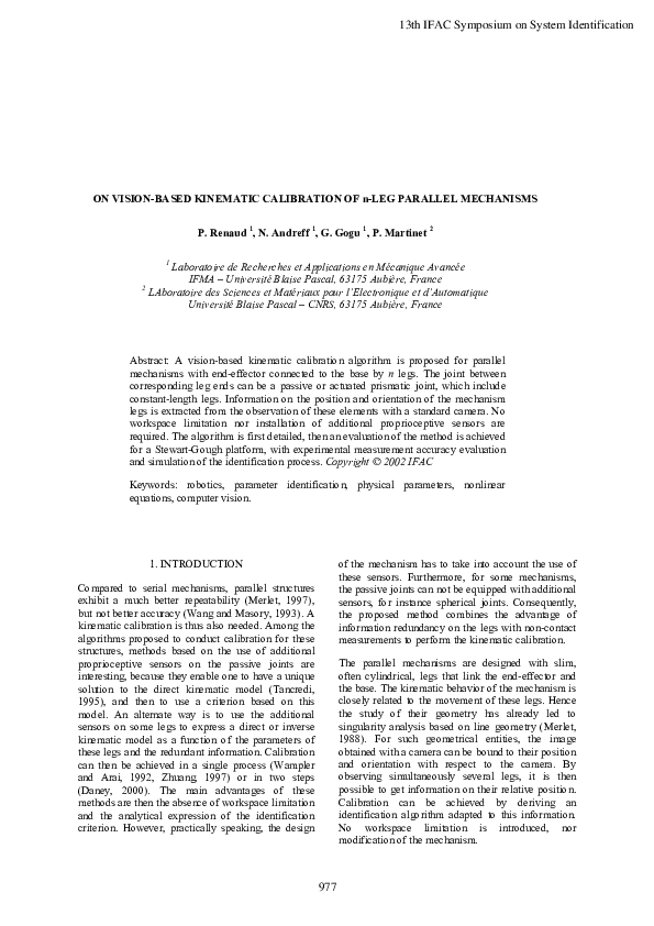 (PDF) ON VISION-BASED KINEMATIC CALIBRATION OF n-LEG PARALLEL MECHANISMS
