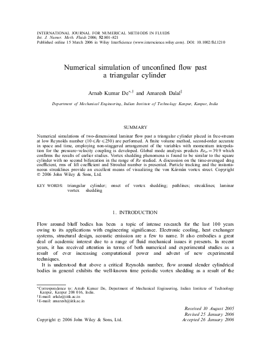 (PDF) Numerical simulation of unconfined flow past a triangular cylinder