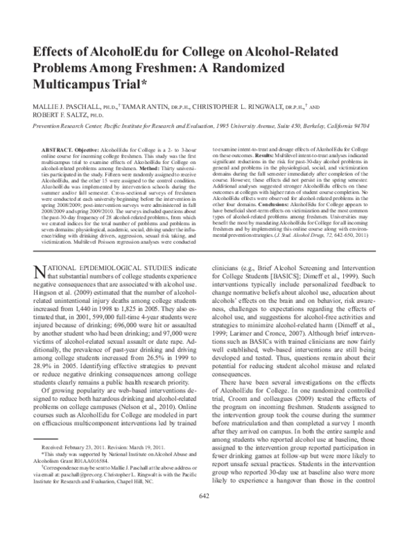 (PDF) Effects of AlcoholEdu for college on alcohol-related problems ...