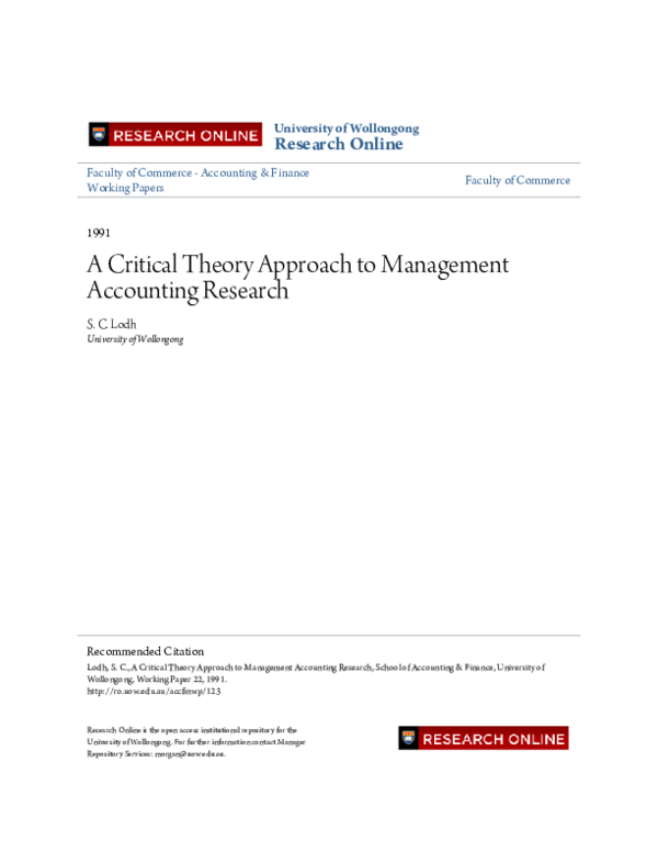 (PDF) A Critical Theory Approach to Management Accounting Research