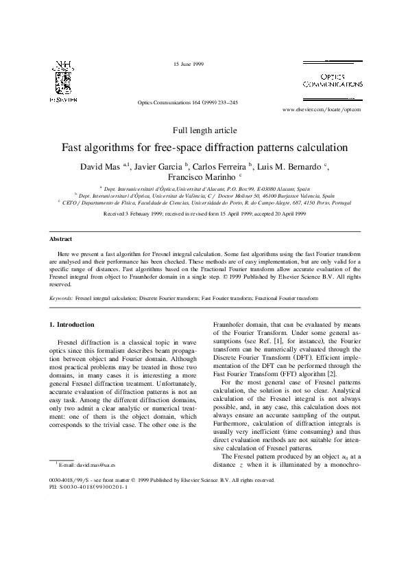Pdf Fast Algorithms For Free Space Diffraction Patterns Calculation