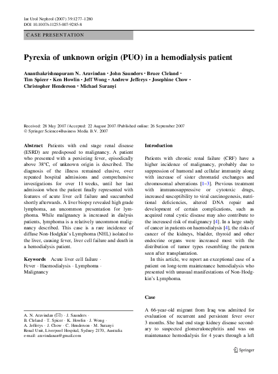 (PDF) Pyrexia of unknown origin (PUO) in a hemodialysis patient