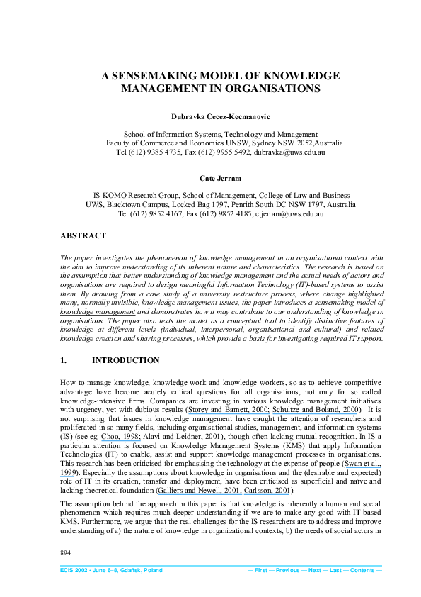 (PDF) A Sensemaking Model of Knowledge Management in Organizations