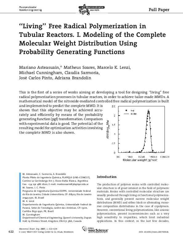 (PDF) Living” Free Radical Polymerization in Tubular Reactors. I. Modeling of the Complete ...