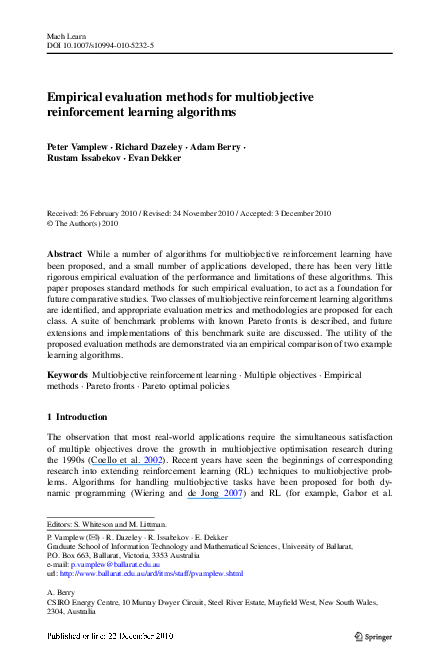 (PDF) Empirical evaluation methods for multiobjective reinforcement learning algorithms