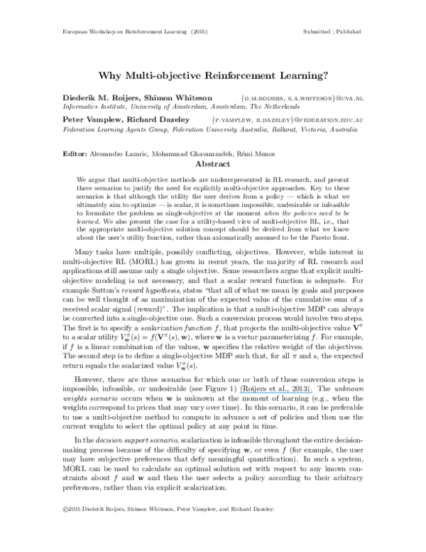 Pdf Why Multi Objective Reinforcement Learning