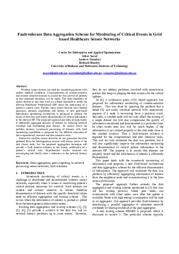 Pdf Fault Tolerant Data Aggregation Scheme For Monitoring Of Critical Events In Grid Based