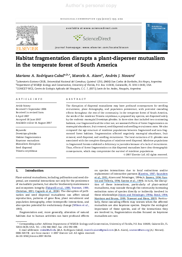 (PDF) Habitat fragmentation disrupts a plant-disperser mutualism in the ...