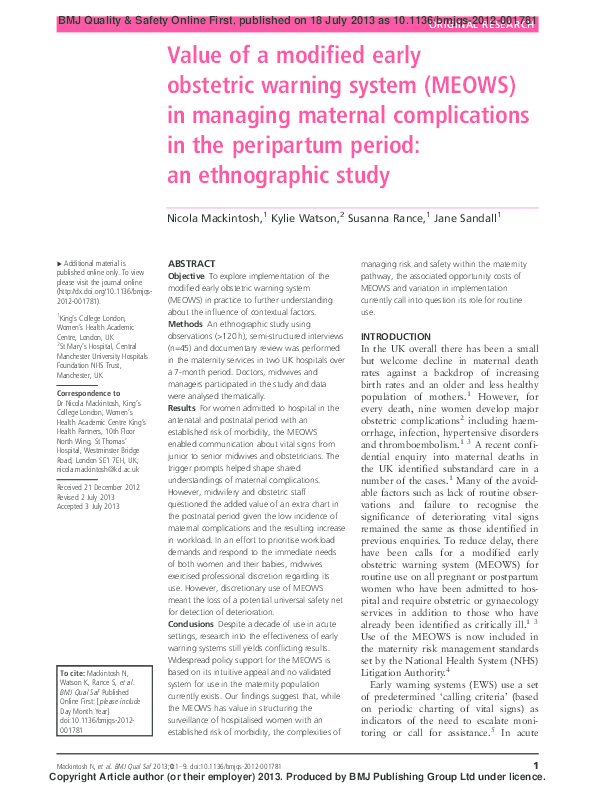 (PDF) Value of a modified early obstetric warning system (MEOWS) in ...