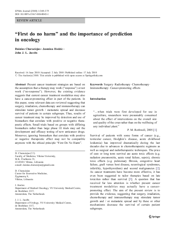 (PDF) First do no harm” and the importance of prediction in oncology