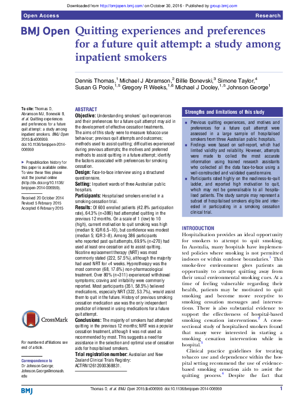 (PDF) Quitting experiences and preferences for a future quit attempt: a ...