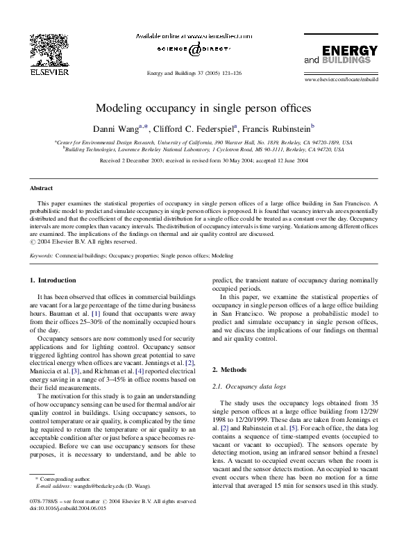 Pdf Modeling Occupancy In Single Person Offices