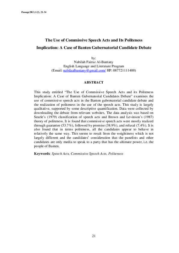(PDF) The Use of Commissive Speech Acts and Its Politeness Implication ...