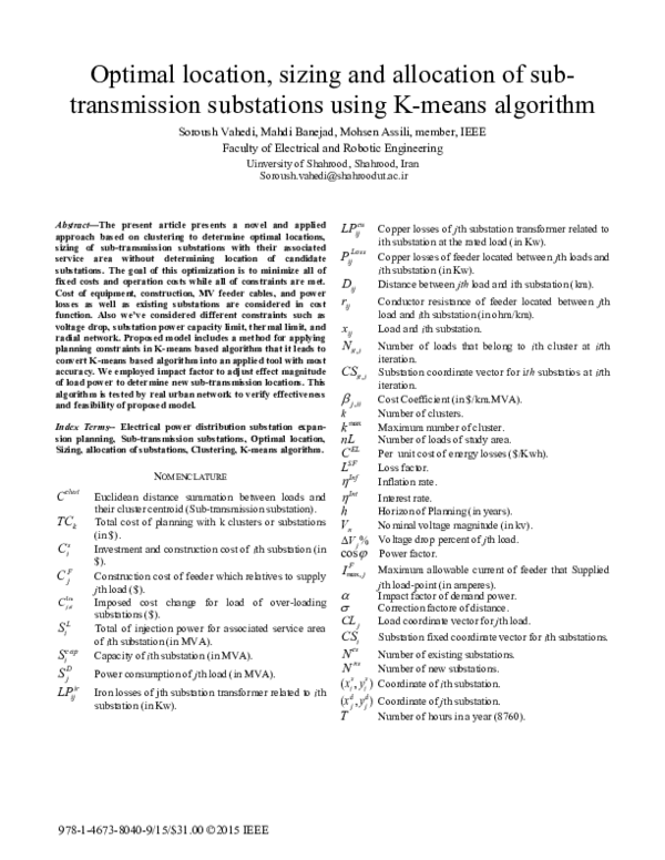 Pdf Optimal Location Sizing And Allocation Of Sub Transmission Substations Using K Means