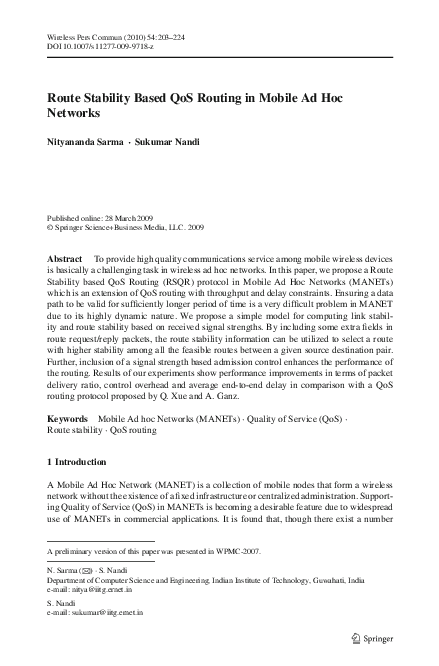 (PDF) Route Stability Based QoS Routing in Mobile Ad Hoc Networks