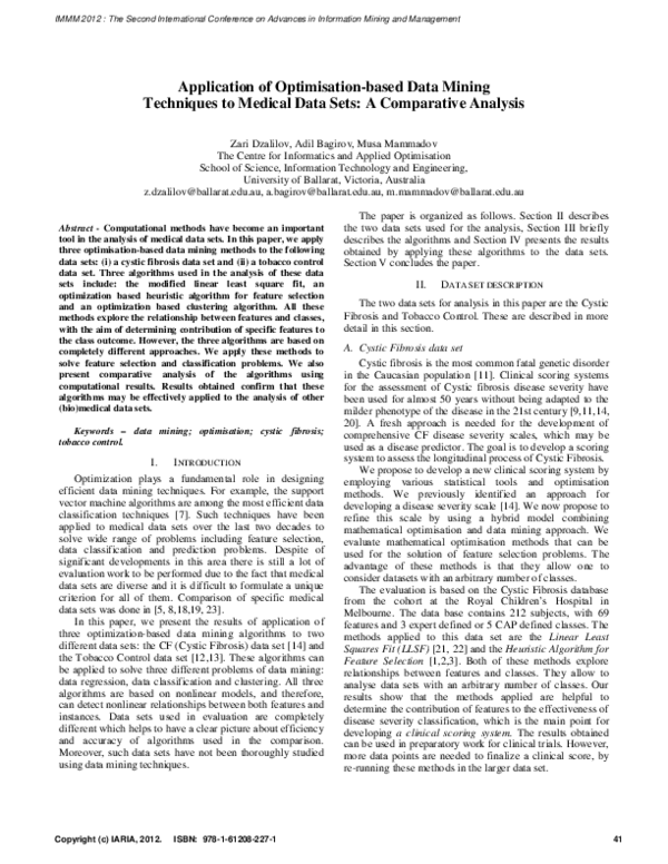 Pdf Application Of Optimisation Based Data Mining Techniques To Medical Data Sets A