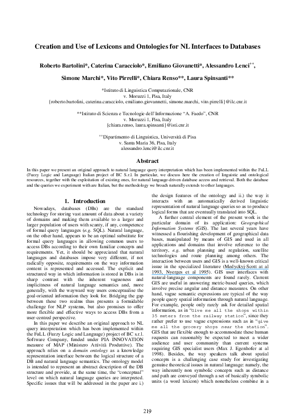 (PDF) Creation and Use of Lexicons and Ontologies for NL Interfaces to Databases