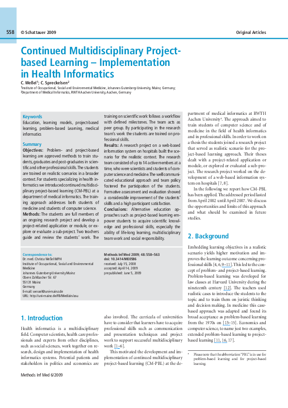 (PDF) Continued Multidisciplinary Project-based Learning – Implementation in Health Informatics