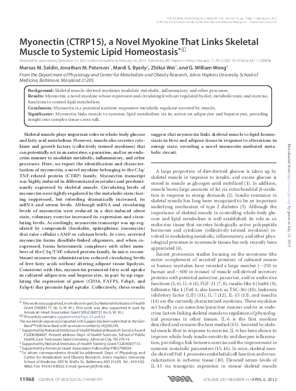 (PDF) Myonectin (CTRP15), a novel myokine that links skeletal muscle to ...