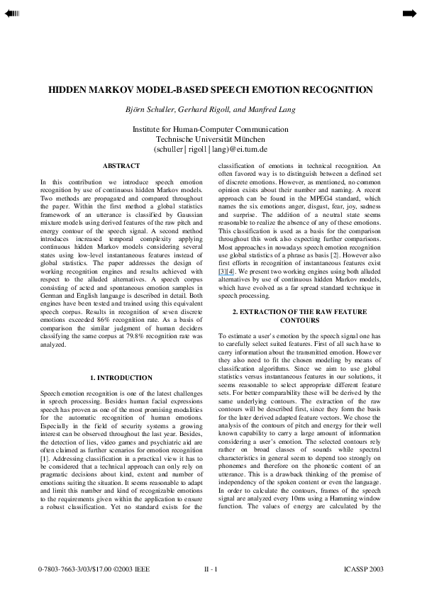 Pdf Hidden Markov Model Based Speech Emotion Recognition