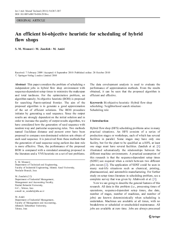 Pdf An Efficient Bi Objective Heuristic For Scheduling Of Hybrid Flow Shops 